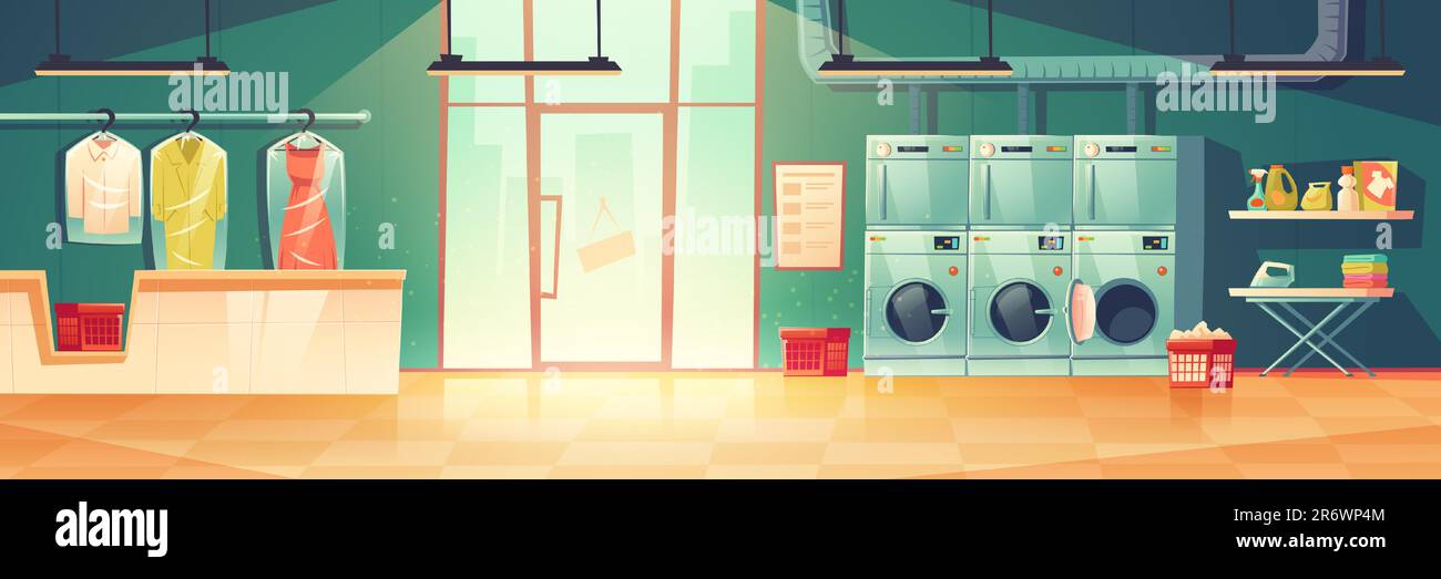 Public laundry or dry cleaning with laundromat washing machines, dryers ...
