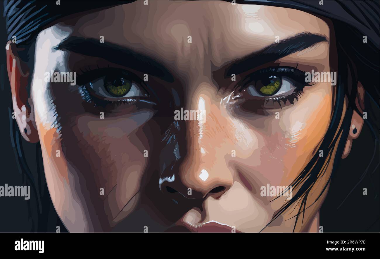 A warrior's gaze, a portrait of a female soldier with intense eyes ...