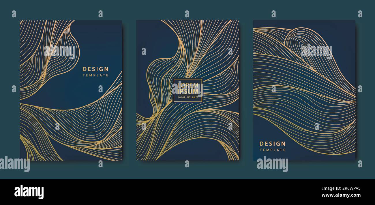 Vector set of abstract wavy liquid cards, hand drawn line waves. Golden ...