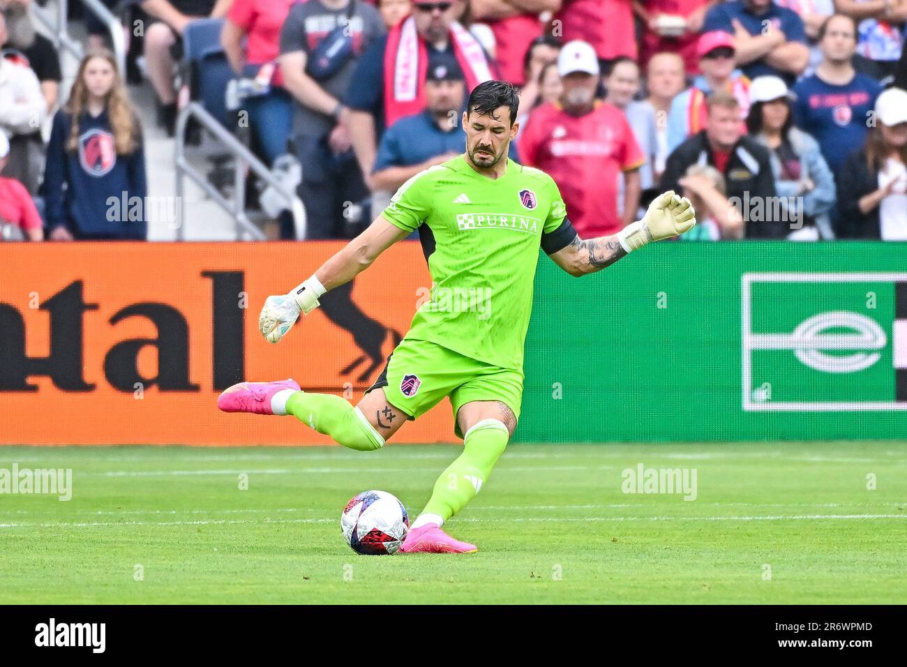 ST. LOUIS, MO - JUN 11: St. Louis City goalkeeper Roman Burki (1) kicks ...