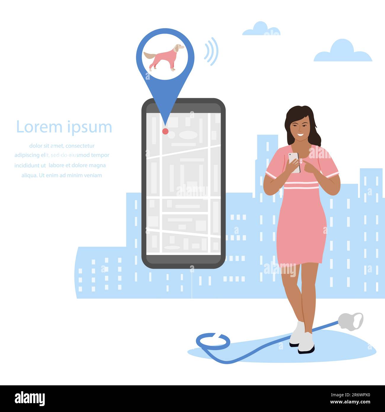 Vector illustration Woman uses application on cell phone for search the ...