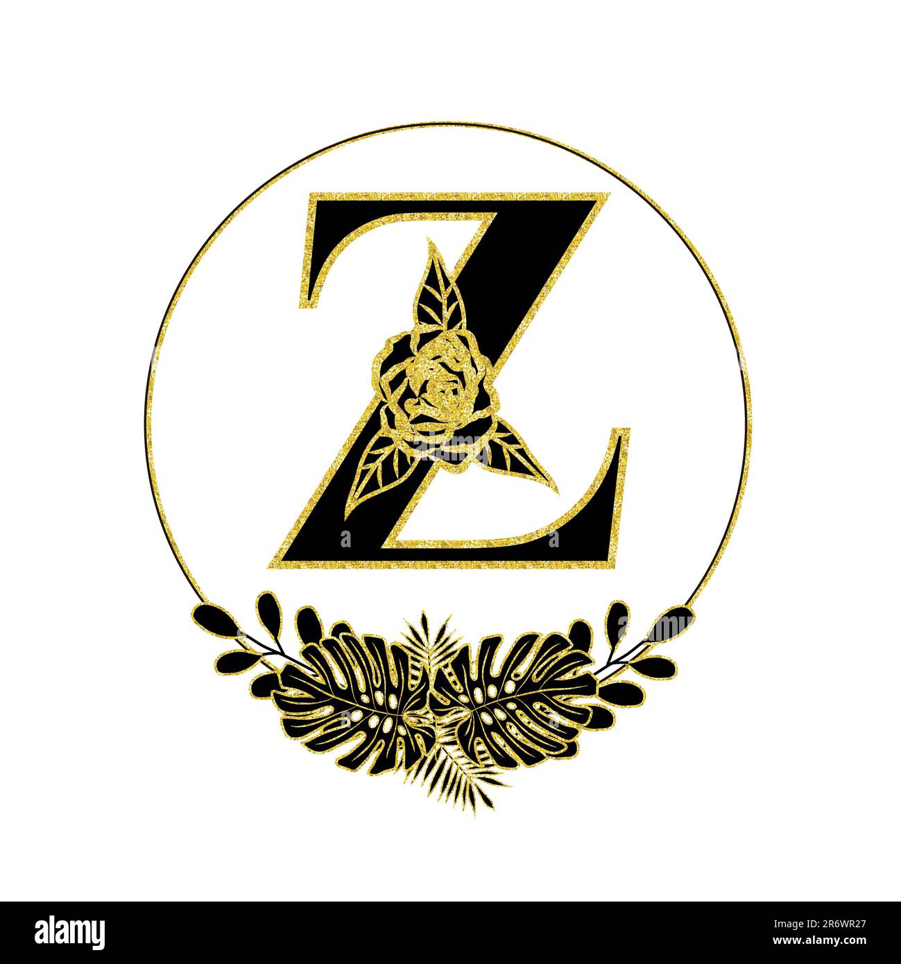 Floral Alphabet Letter Z. Gold Monogram Letter in Frame. Botanical ...