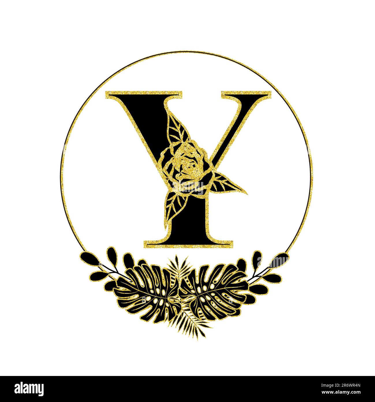 Floral Alphabet Letter Y. Gold Monogram Letter in Frame. Botanical ...