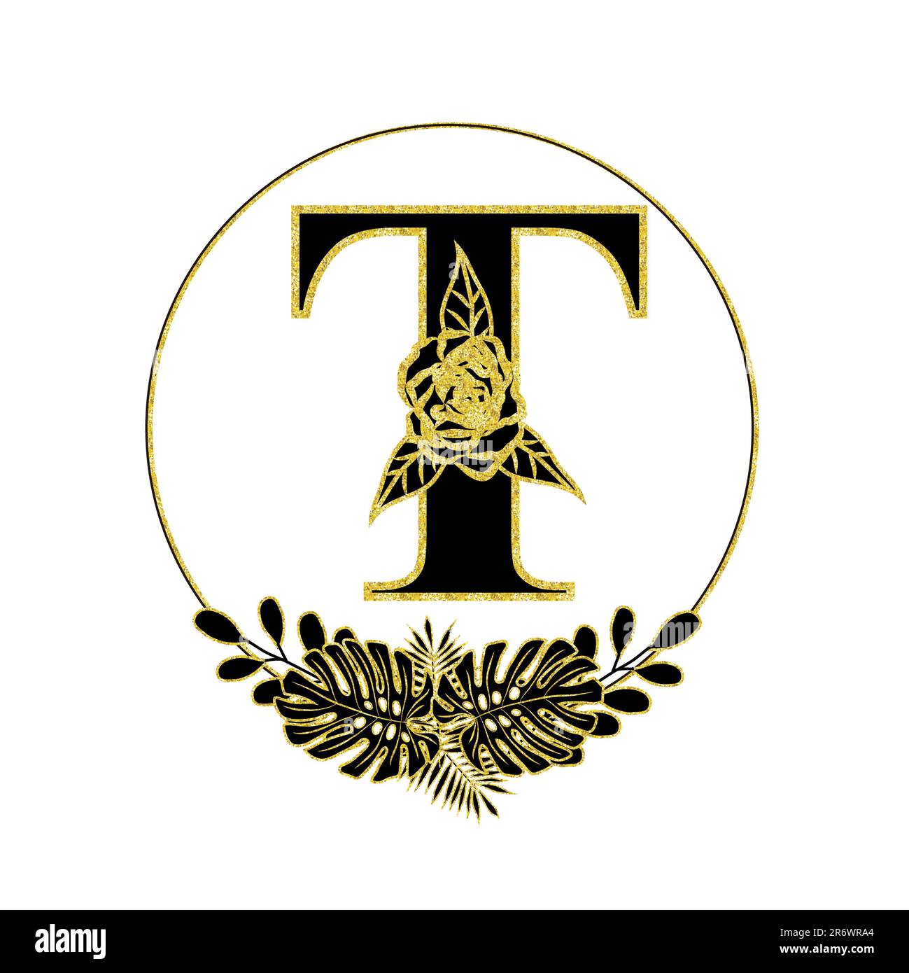 Floral Alphabet Letter T. Gold Monogram Letter in Frame. Botanical ...