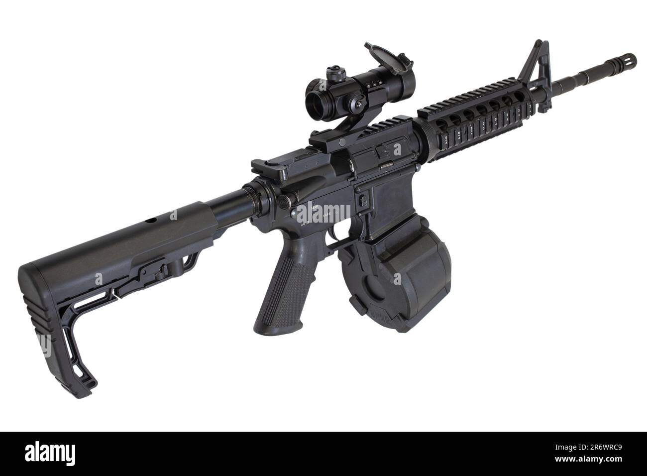 Assault rifle with drum magazine isolated on a white background Stock ...