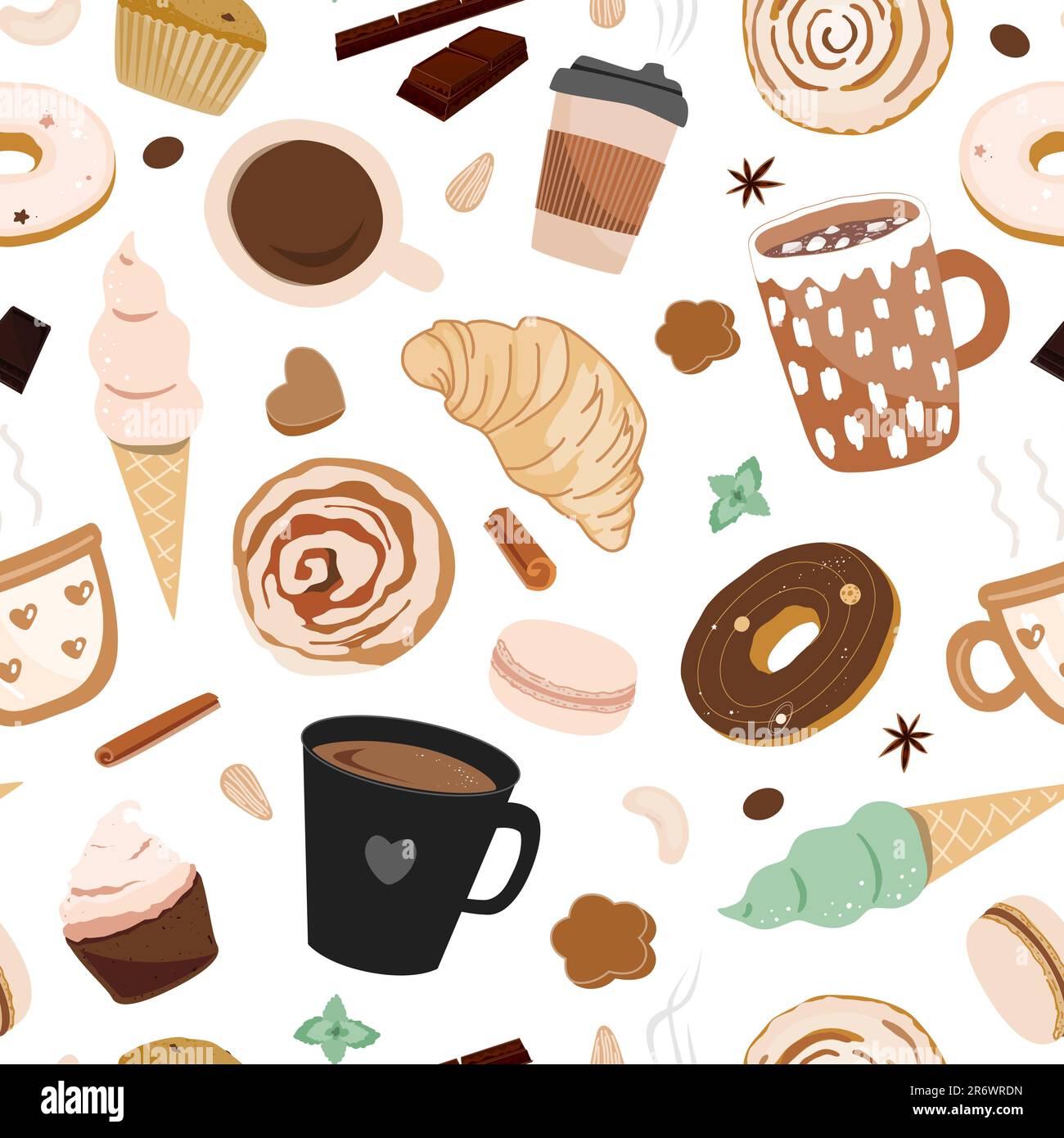 Seamless pattern coffee and dessert on white background. Donuts ...