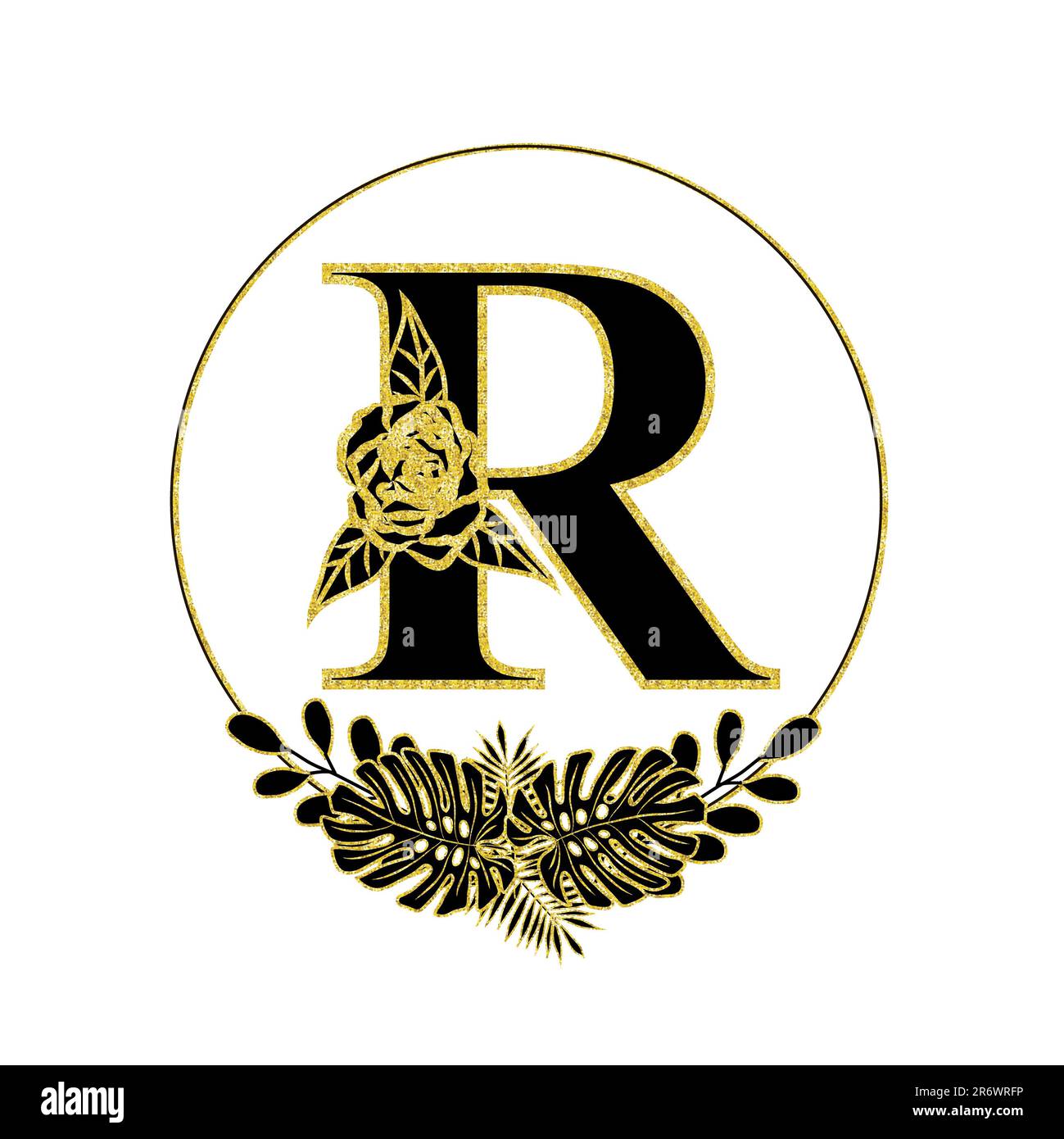 Floral Alphabet Letter R. Gold Monogram Letter in Frame. Botanical ...