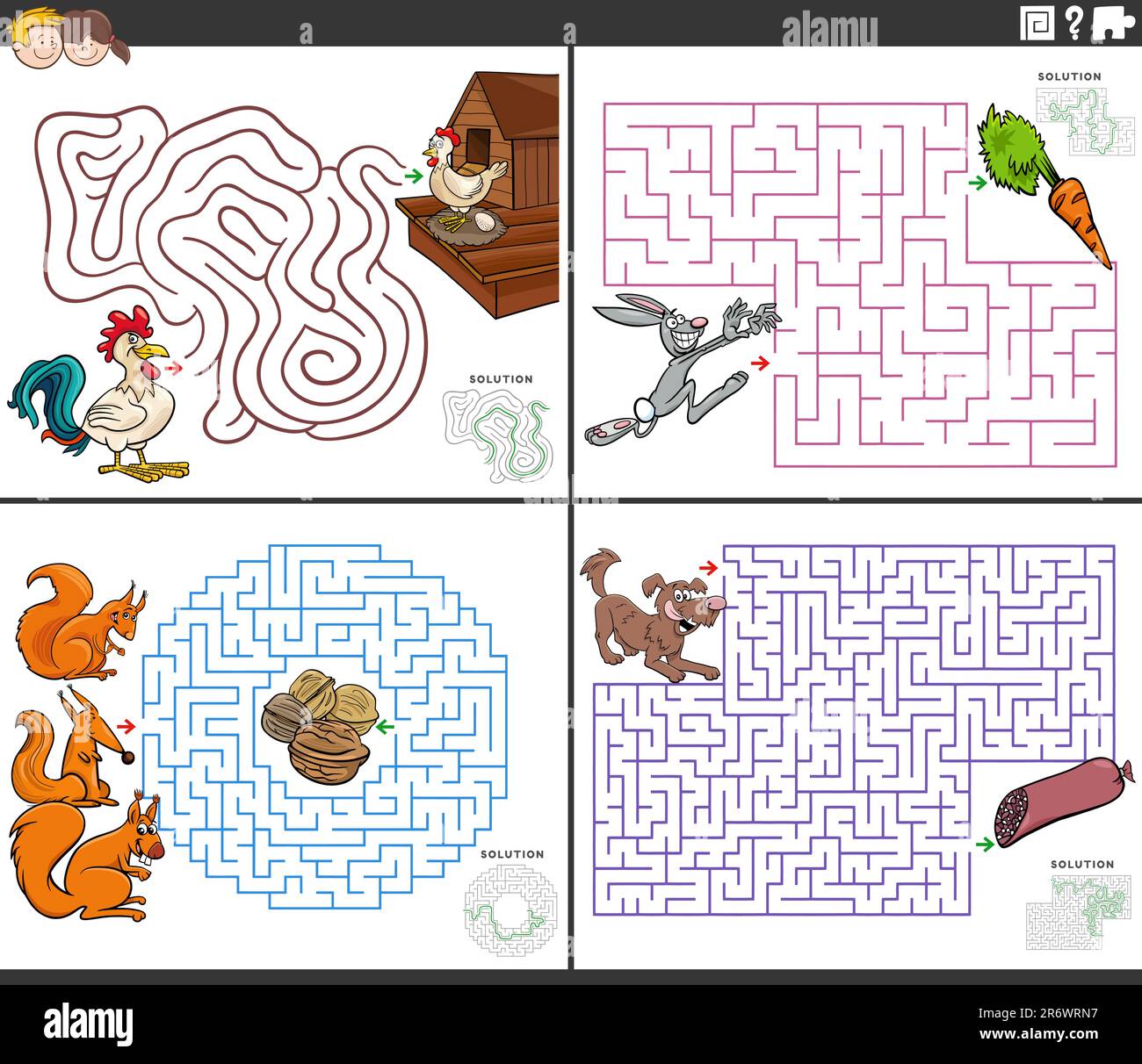 Cartoon illustration of educational maze puzzle activities set with ...