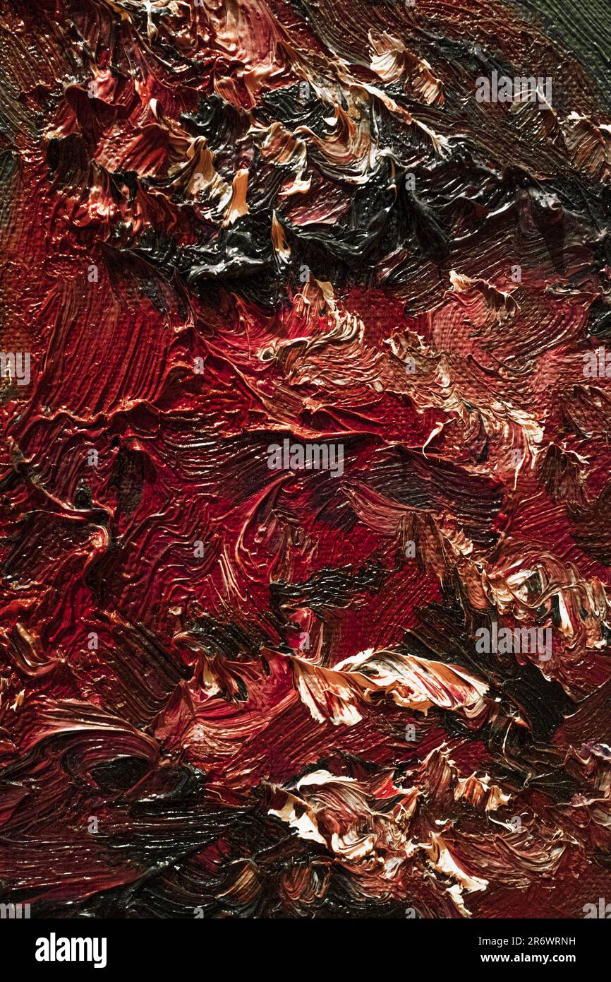 Close up dark moody red abstract oil painting background. Contemporary ...