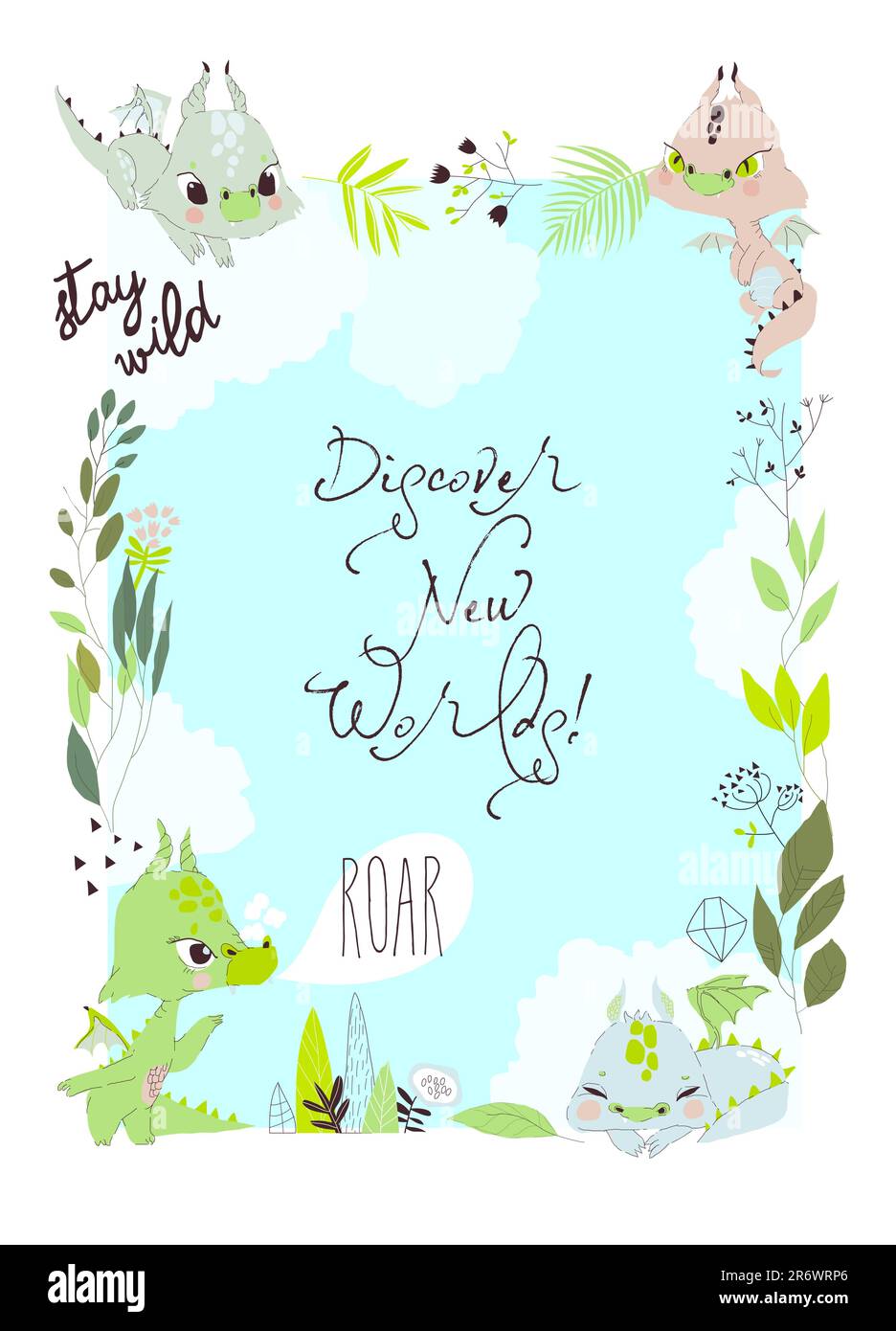 Cute Cartoon Frame with Colorful Little Dragons and Plants Stock Vector ...