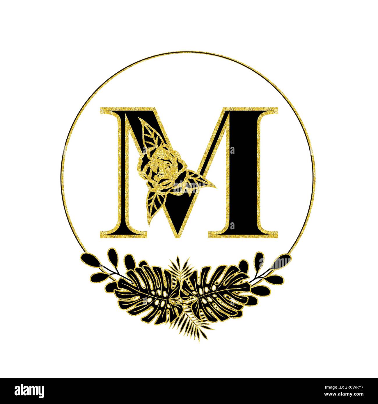 Floral Alphabet Letter M. Gold Monogram Letter in Frame. Botanical ...