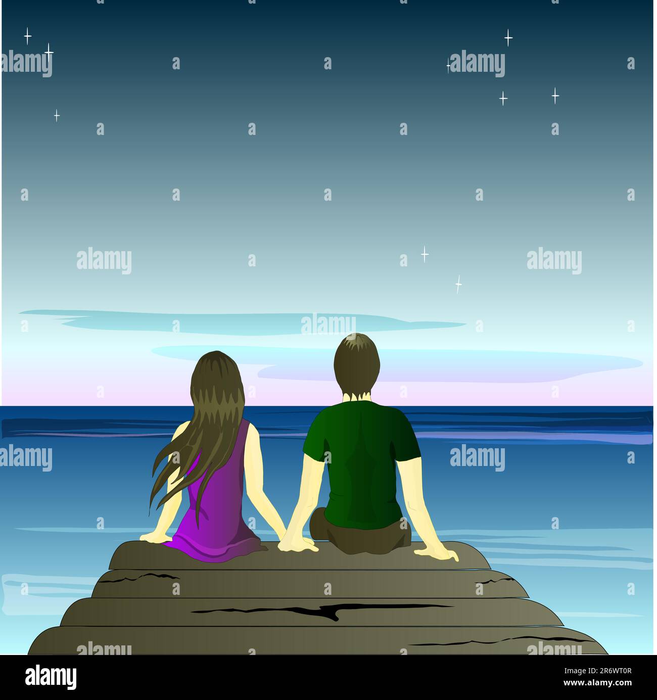 two people sitting on the beach and waiting for sunrise Stock Vector ...