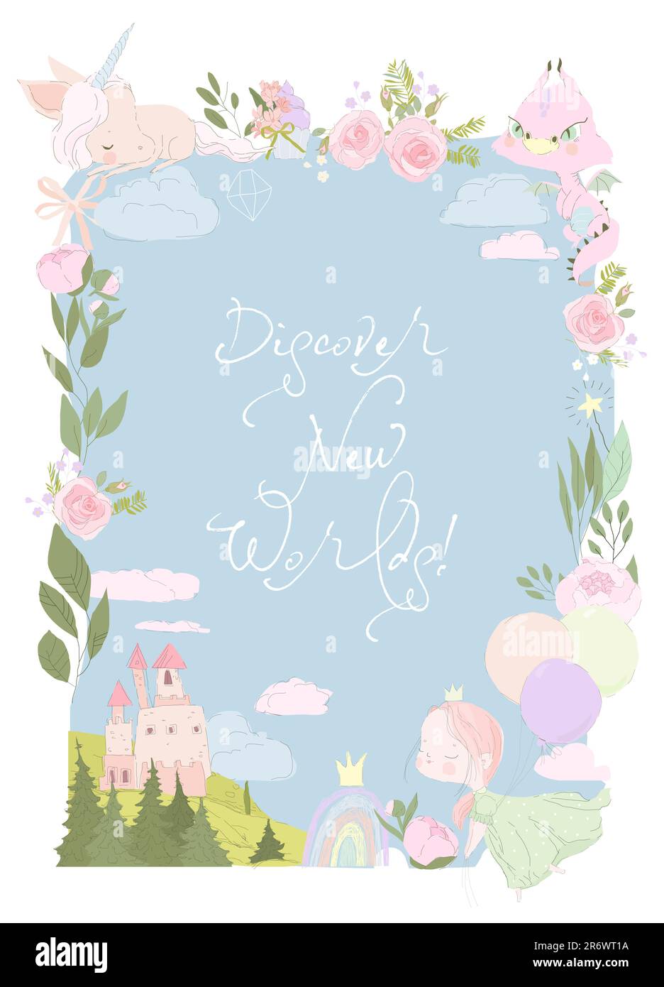 Cute Cartoon Frame with Princess, Dragon, Unicorn and Flowers Stock ...