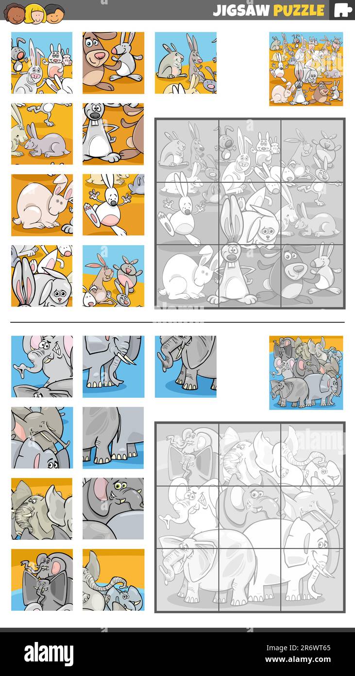 Cartoon illustration of educational jigsaw puzzle games set with ...