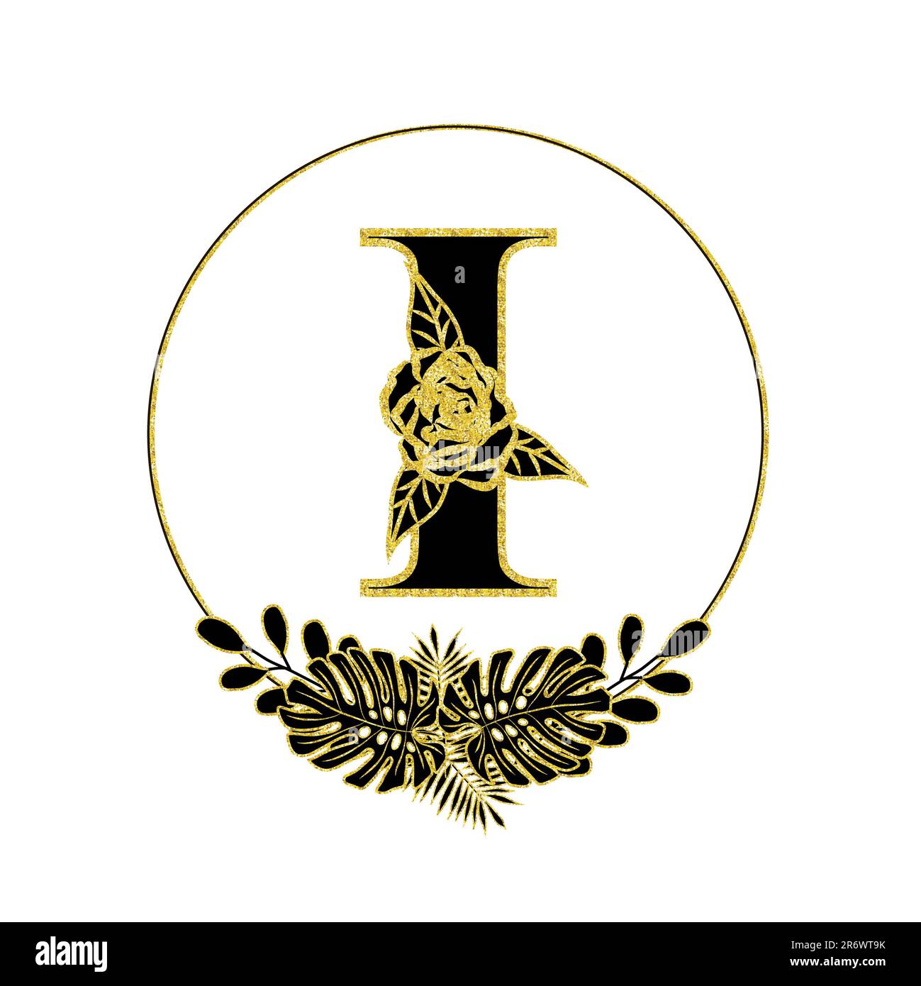 Floral Alphabet Letter I. Gold Monogram Letter in Frame. Botanical ...