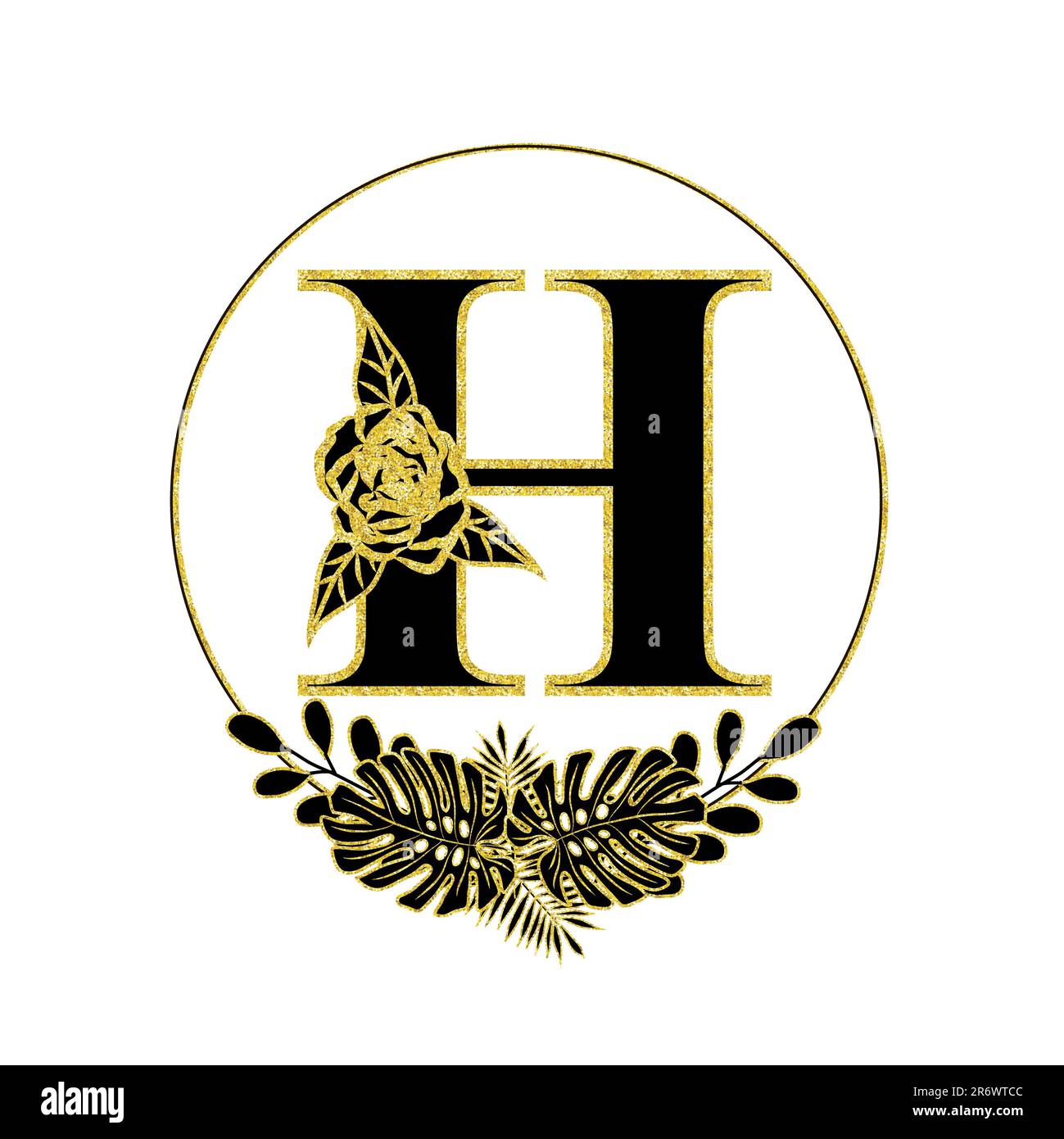 Floral Alphabet Letter H. Gold Monogram Letter in Frame. Botanical ...