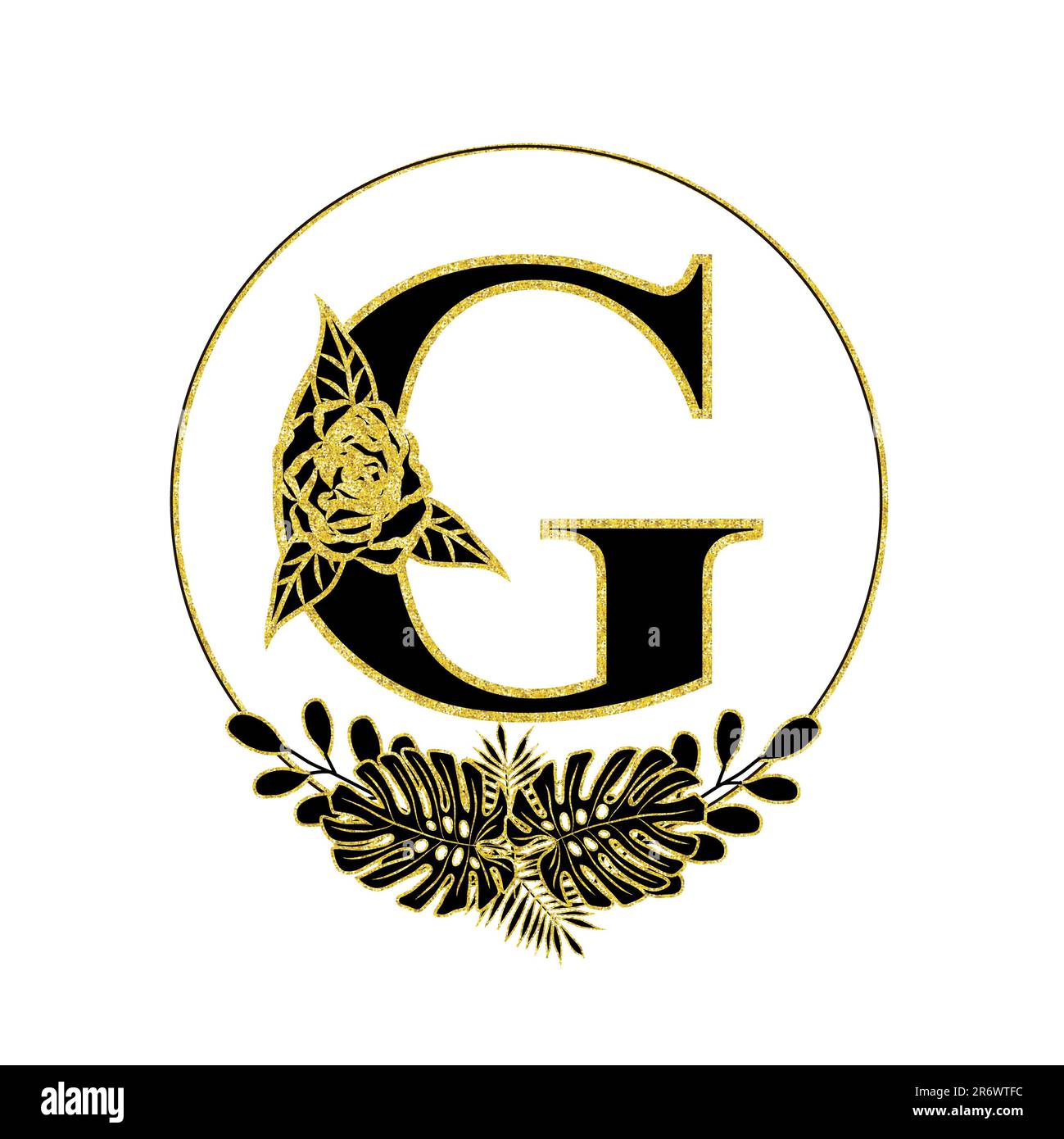 Floral Alphabet Letter G Gold Monogram Letter In Frame Botanical Alphabet Wedding Monogram