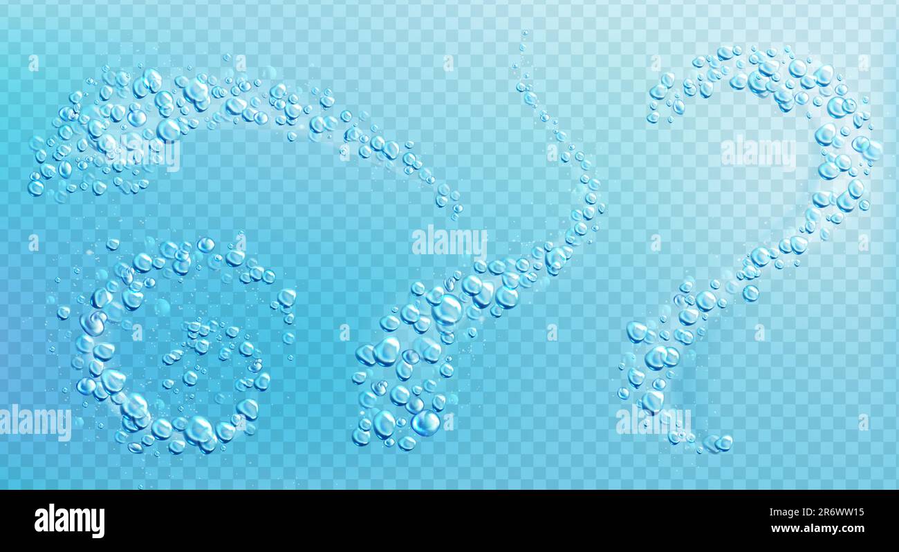 Air bubbles, effervescent water fizz set. Dynamic aqua motion, randomly ...