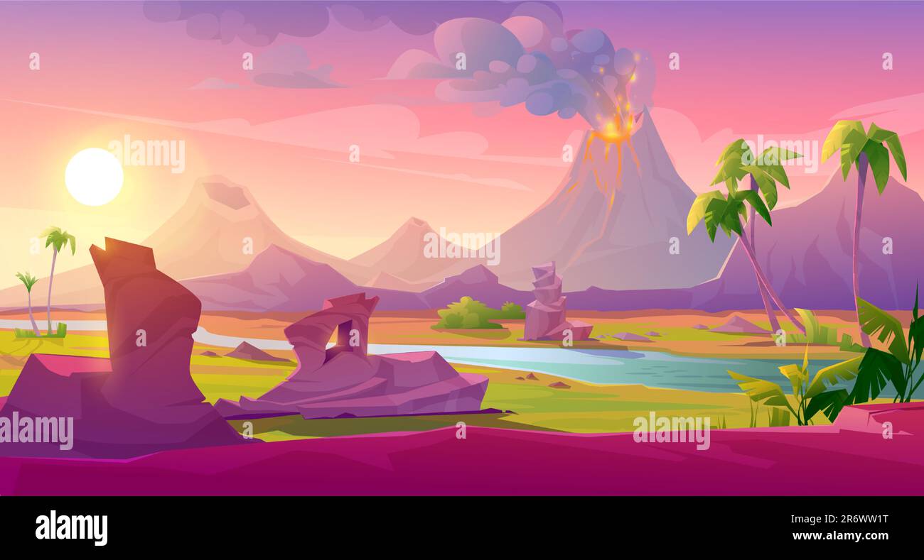 Volcano eruption with lava flows and smoke clouds. Vector cartoon ...