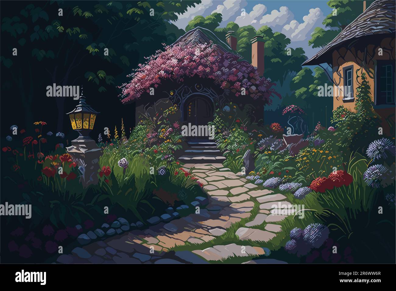 A whimsical garden filled with blooming flowers of all colors and varieties, with a charming ...