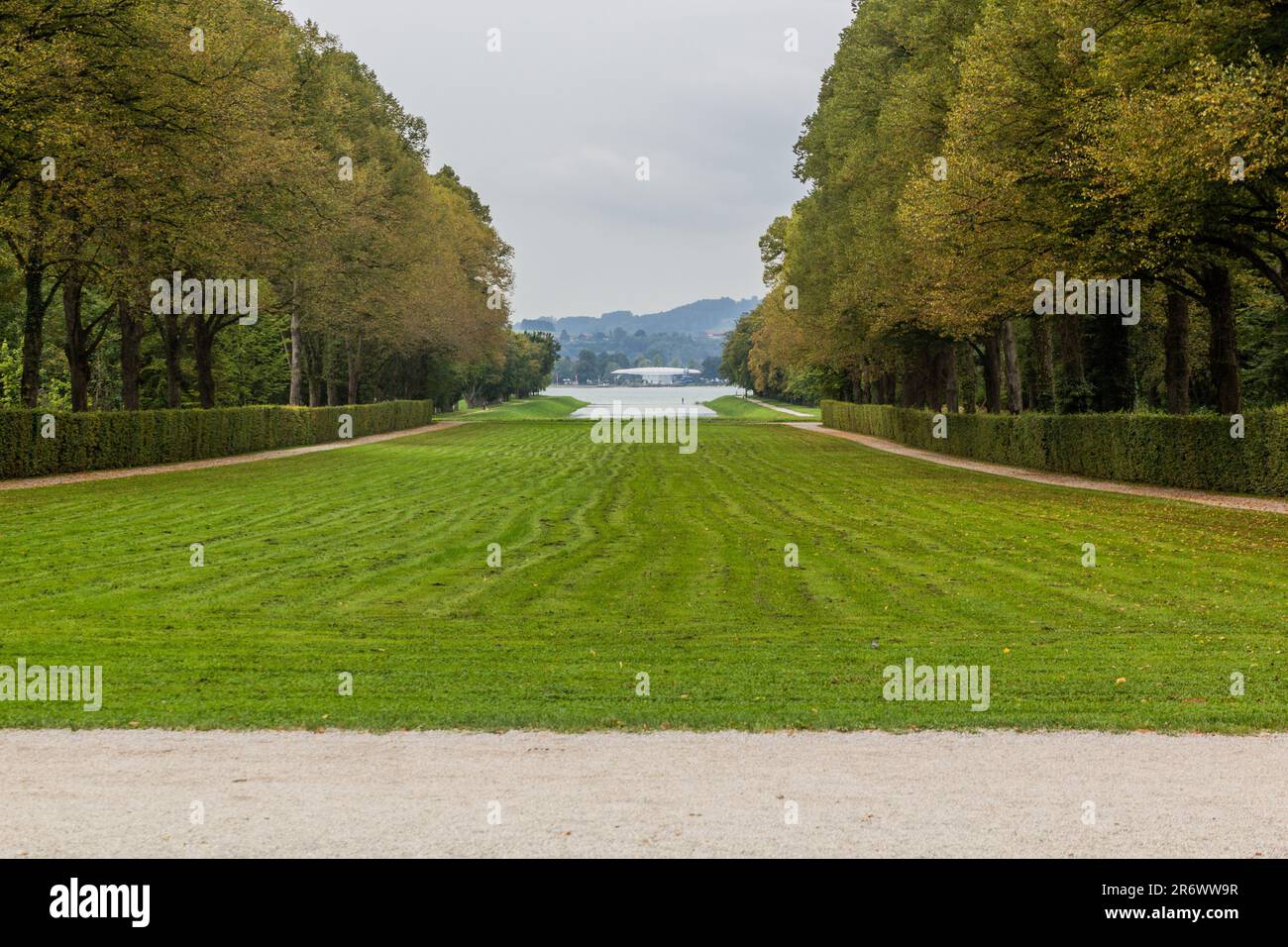 Lawn and the Grand canal at Herreninsel in Chiemsee lake, Bavaria state ...