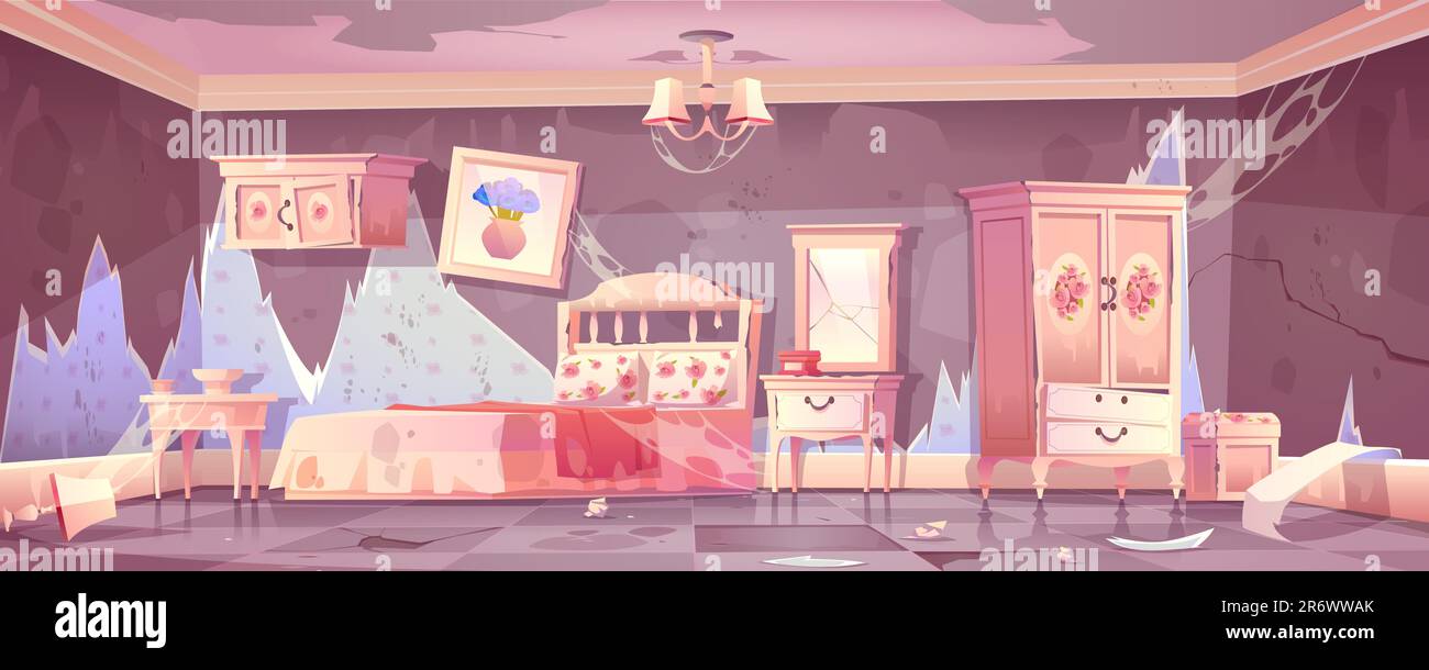 Old dirty bedroom in shabby chic style with broken furniture. Vector ...