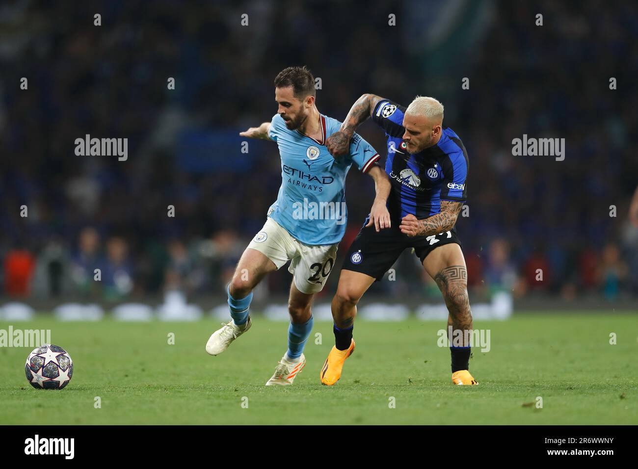 Istanbul, Turkey. 10th June, 2023. (L-R) Bernardo Silva (ManC), Federico Dimarco (Inter ...