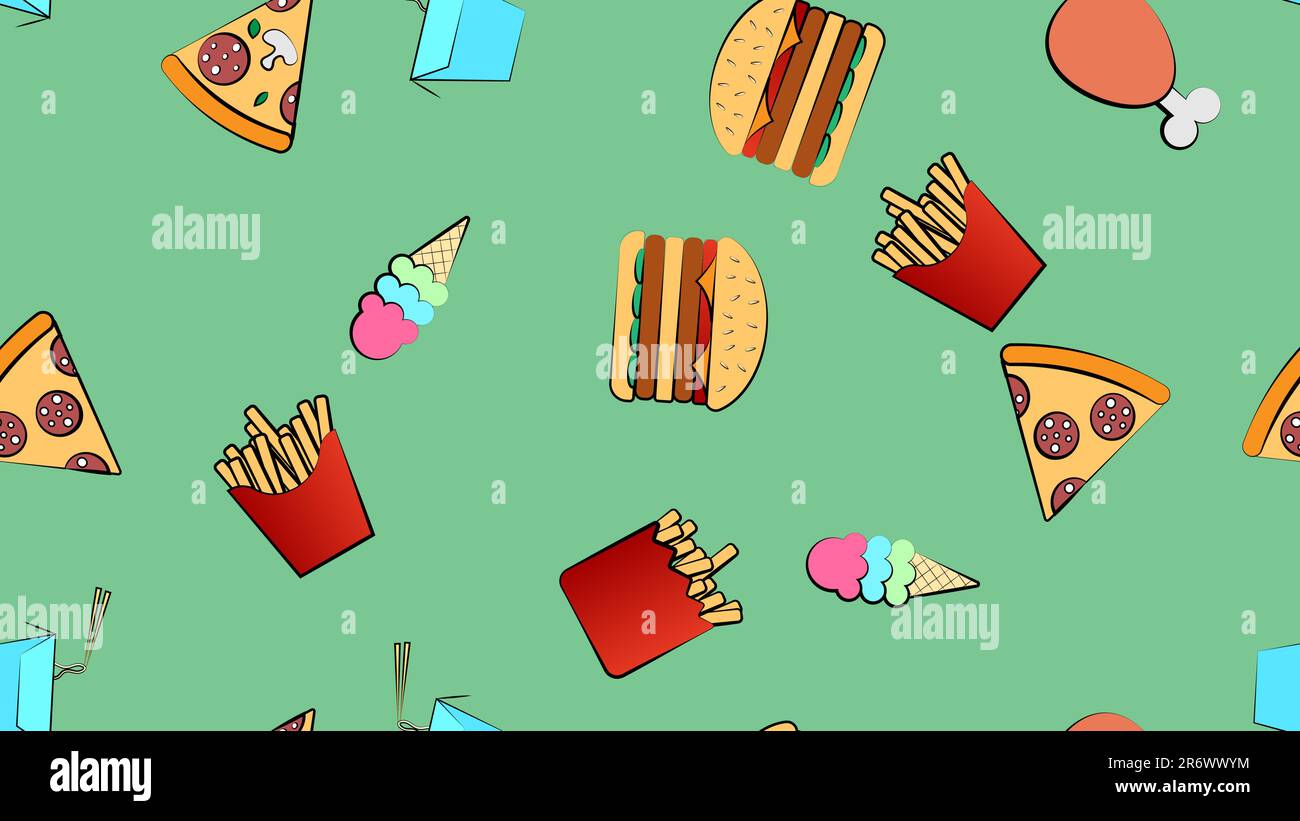 Seamless endless pattern of assorted delicious hearty hot fries, gpizza ...