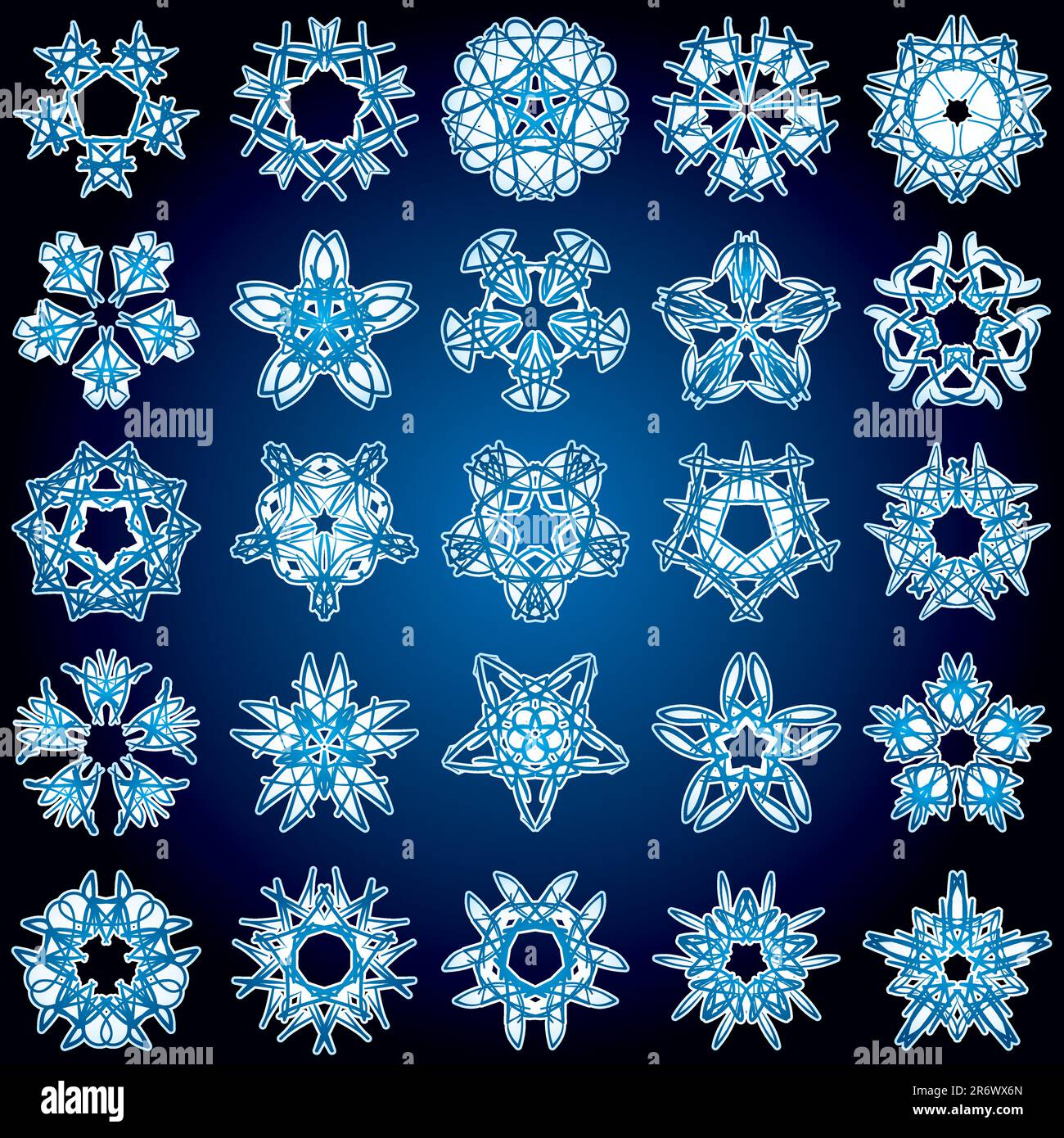 Set of 25 a five-rays crystal gradient snowflakes. Vector illustration ...