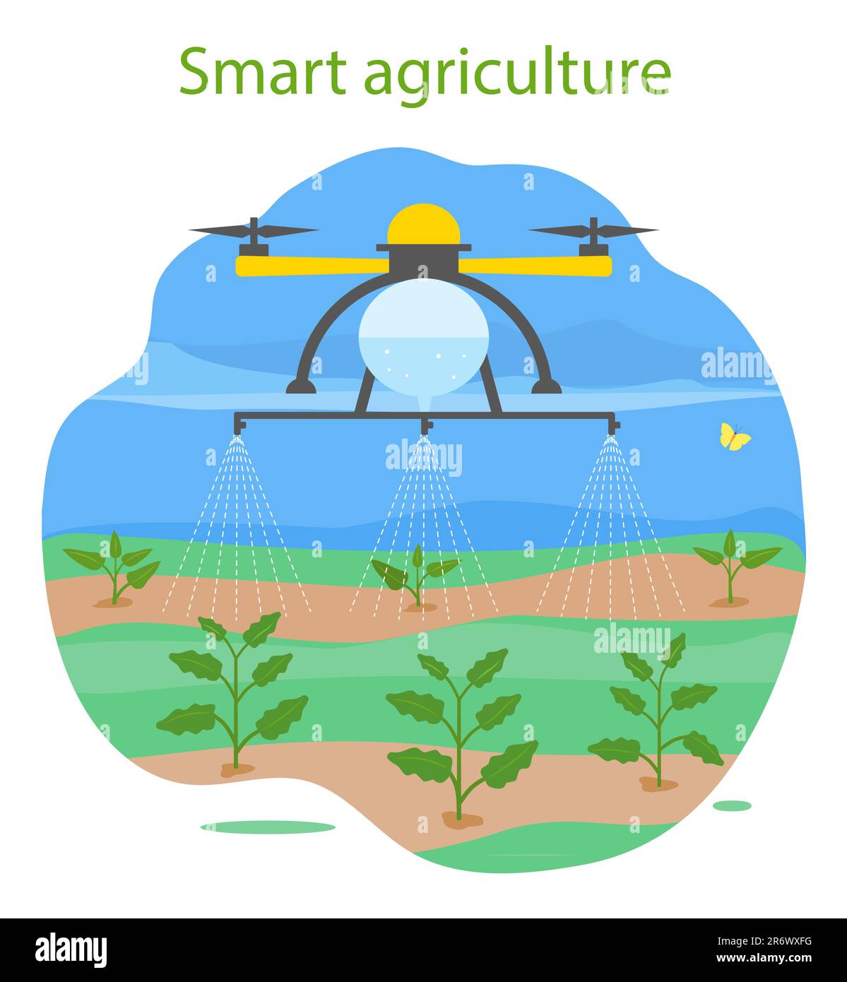 Agricultural drone fly to spray fertilizer water or holmone on field. Vector illustration Smart ...