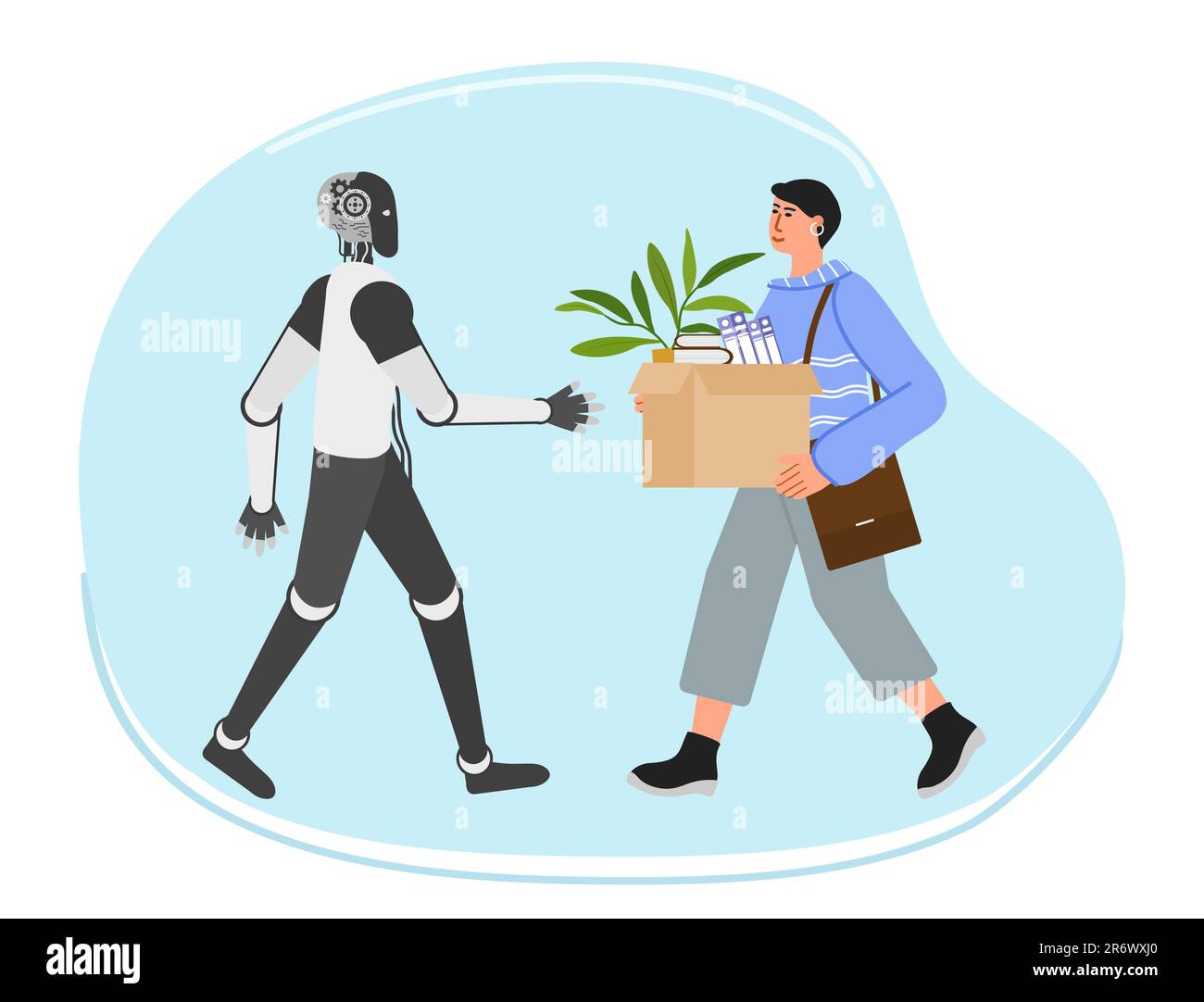 Girl comes to work with box. Robot meets, stretches out her hand to ...