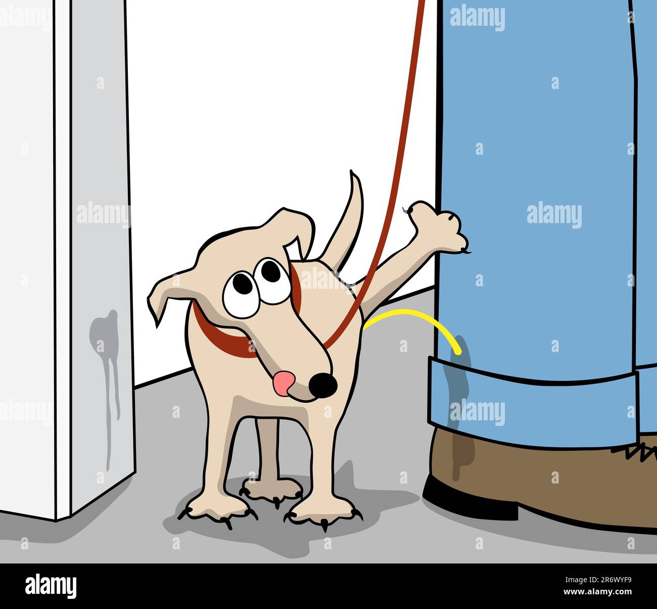 Editable vector cartoon of a small dog urinating on its owner's leg ...