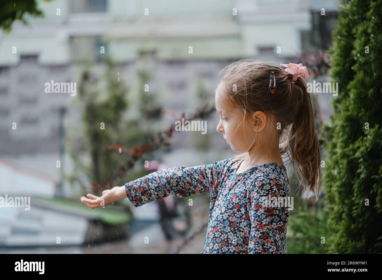 kids hands catching raindrops, weather concept. rain falling in girls ...