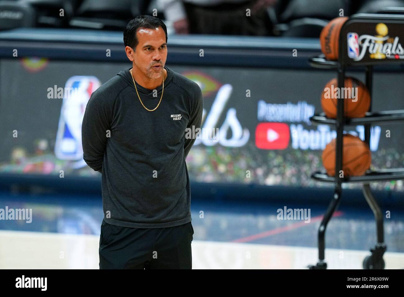 Miami Heat head coach Erik Spoelstra watches during an NBA Finals open practice, Sunday, June 11 ...