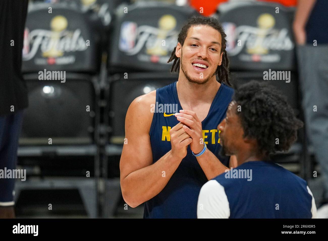 Denver Nuggets forward Aaron Gordon joke around during an NBA Finals ...