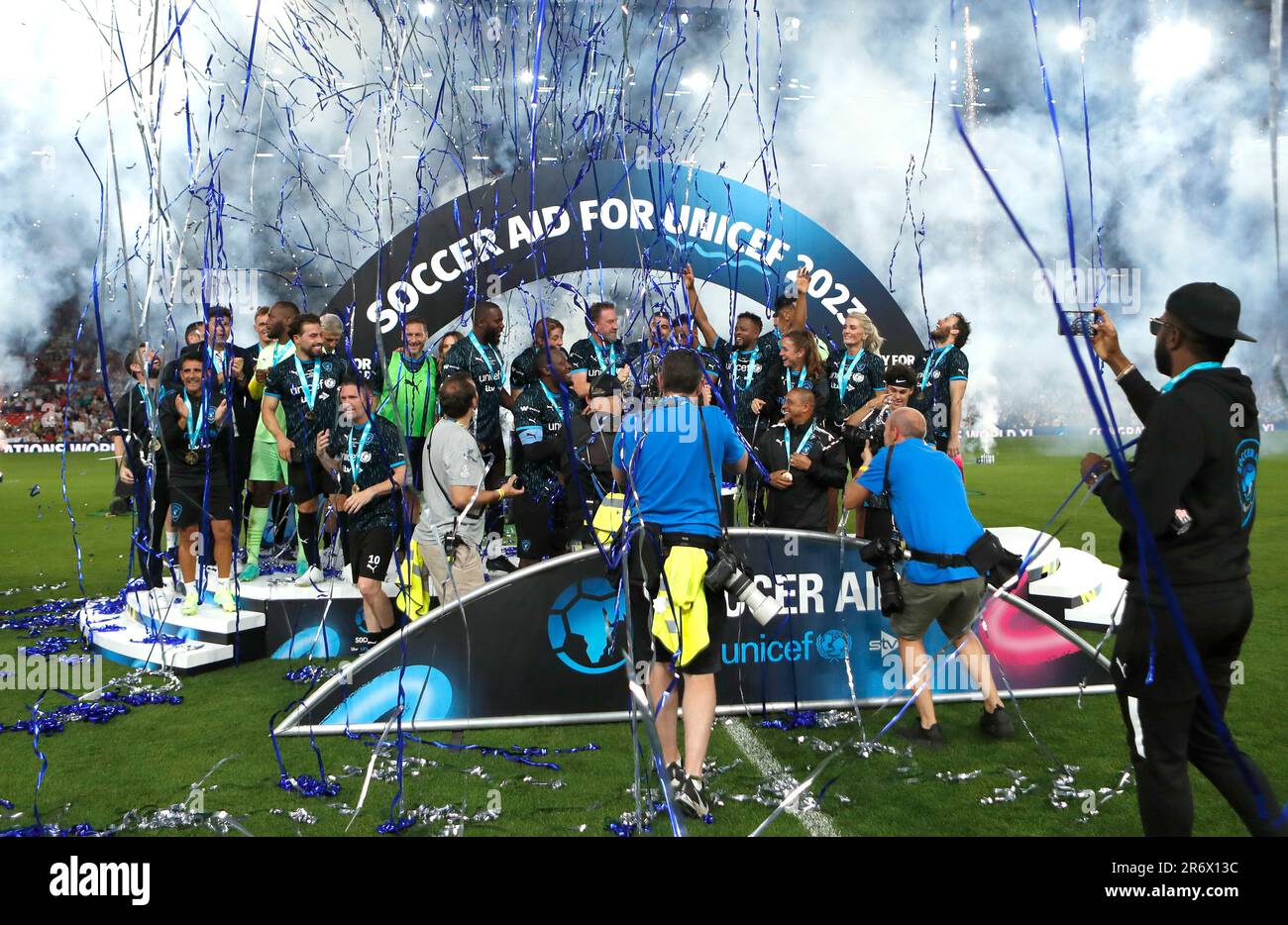 Soccer Aid World XI's Lee Mack lifts the trophy, following victory in ...