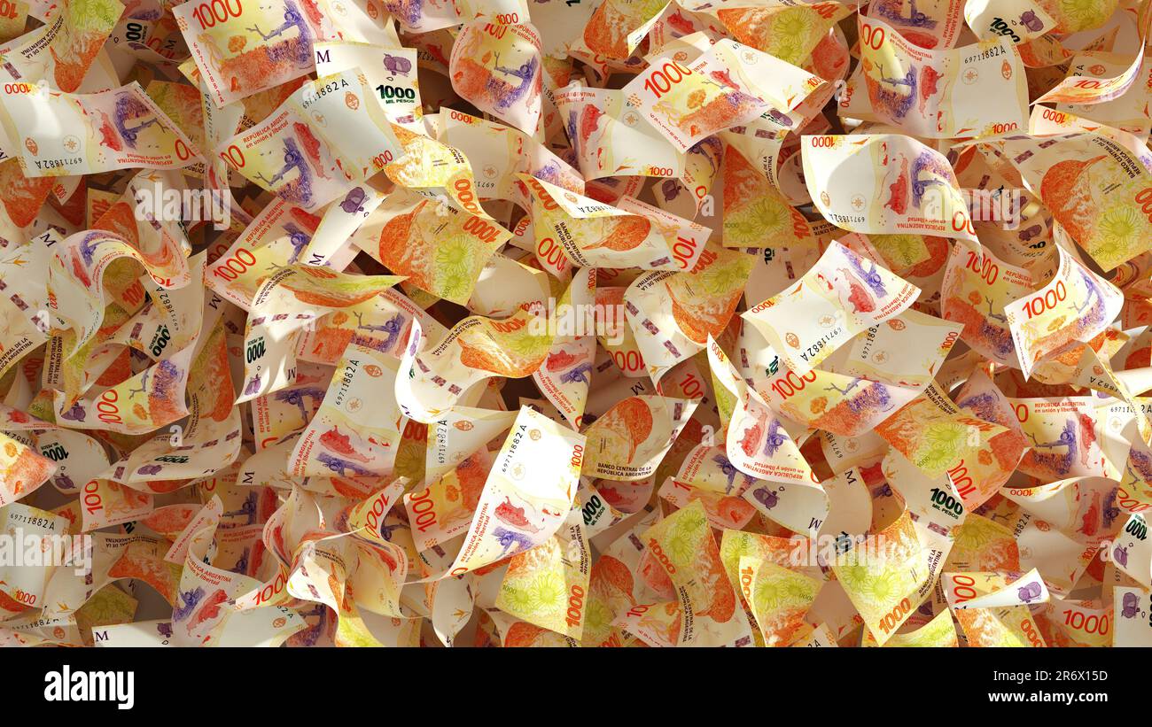 3D rendering of lots of Argentine Peso notes spread on surface. money ...