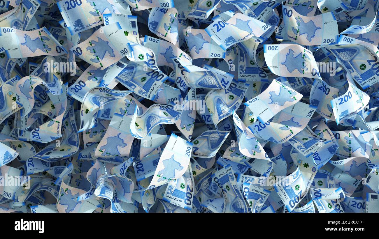 3D rendering of lots of Azerbaijani Manat notes spread on surface ...