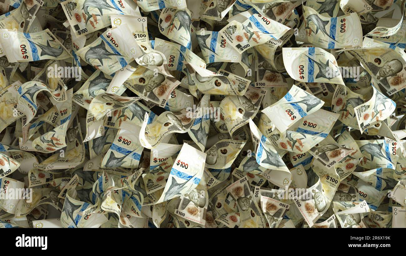 3D rendering of lots of Bahamian Dollar notes spread on surface. money ...