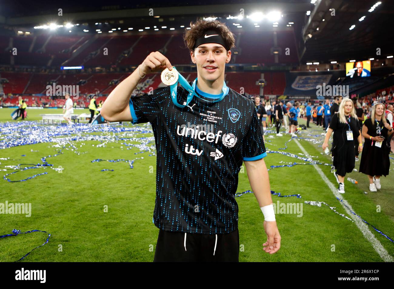 Soccer Aid World XI's Noah Beck with their winners medal, following ...