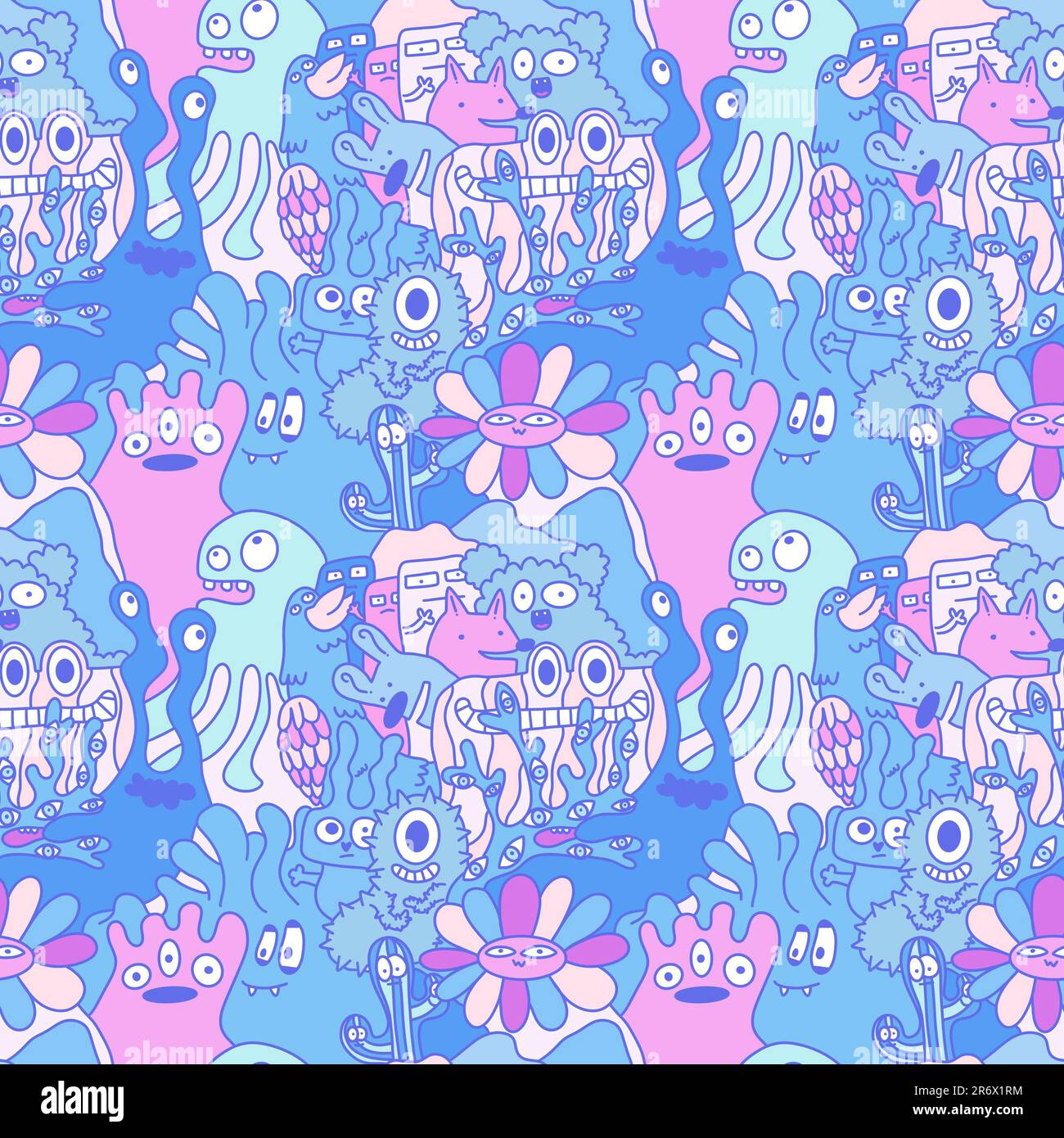 Cartoon monsters seamless funny aliens and rabbit and cactus and flower ...