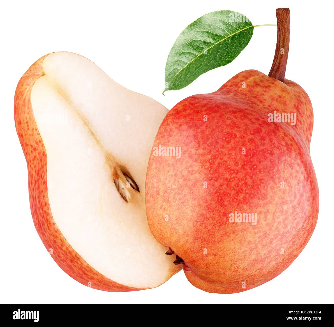 Halved red pear with green leaf isolated on white background with ...
