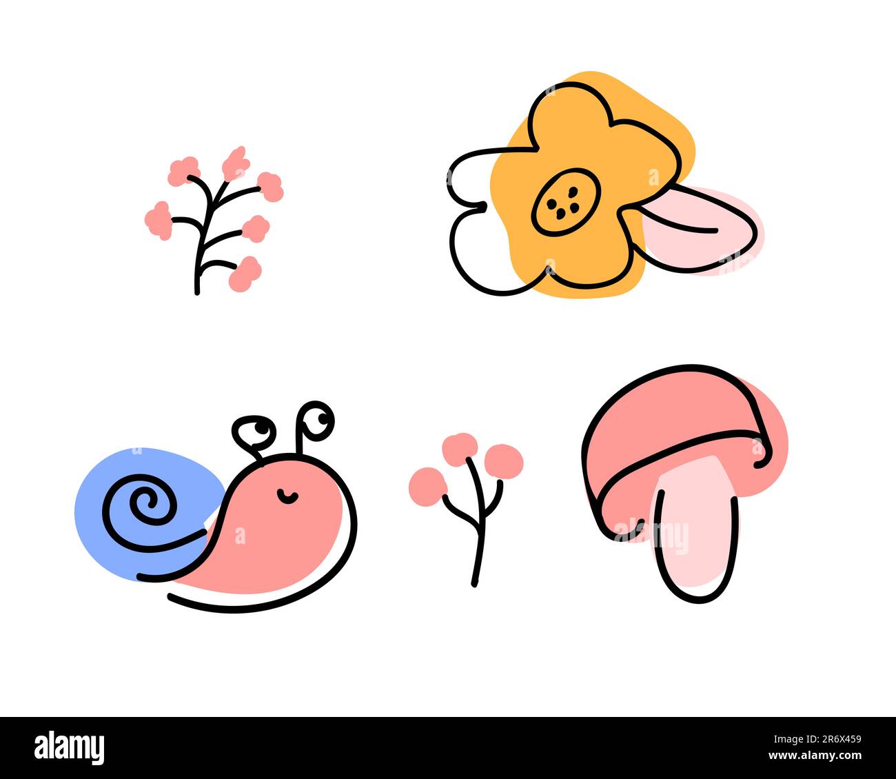 Set snail, flower, berries and mushroom. Colorful vector illustration ...
