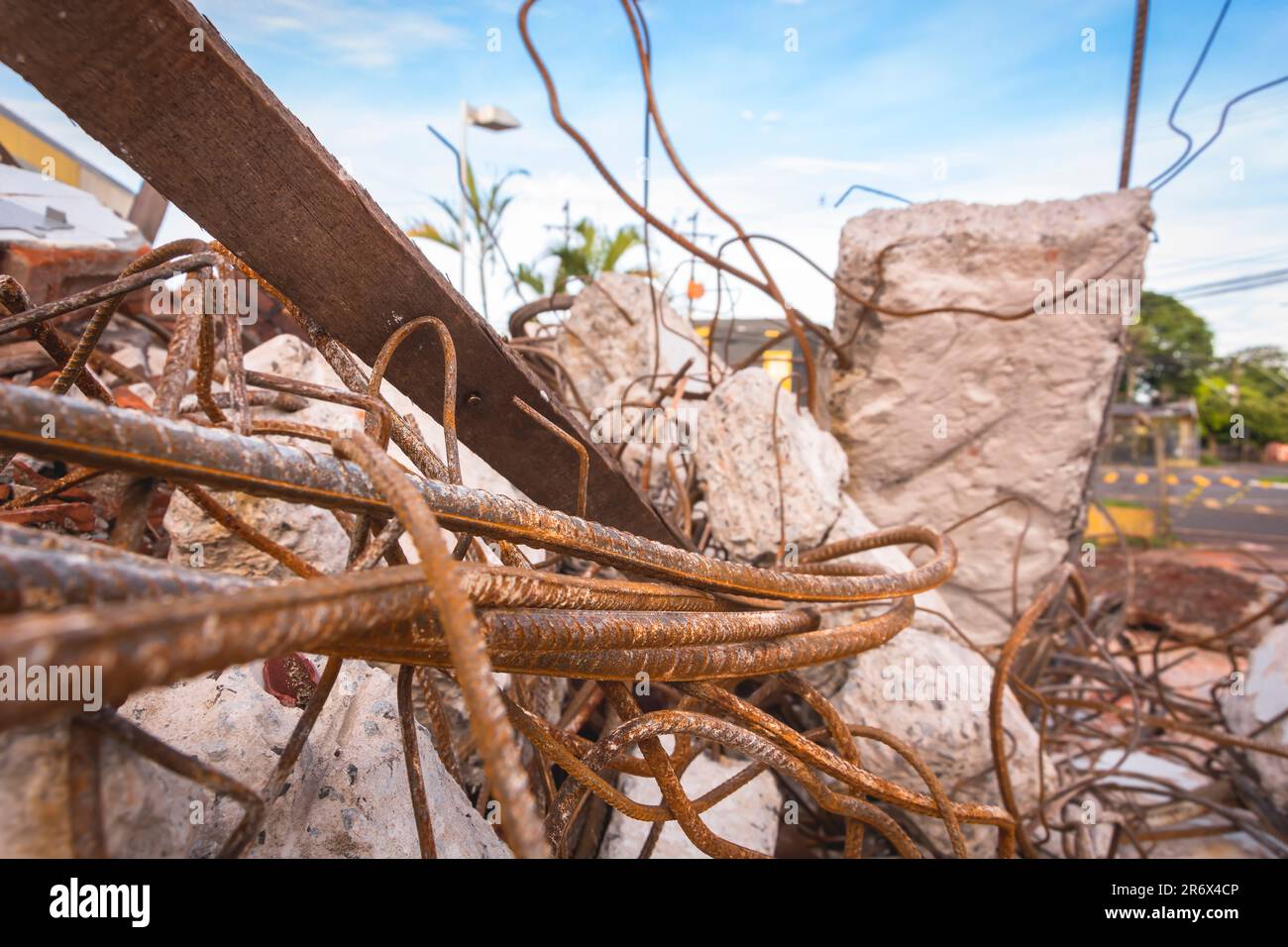 Image of a building under demolition. Concrete, bricks and steel beams ...