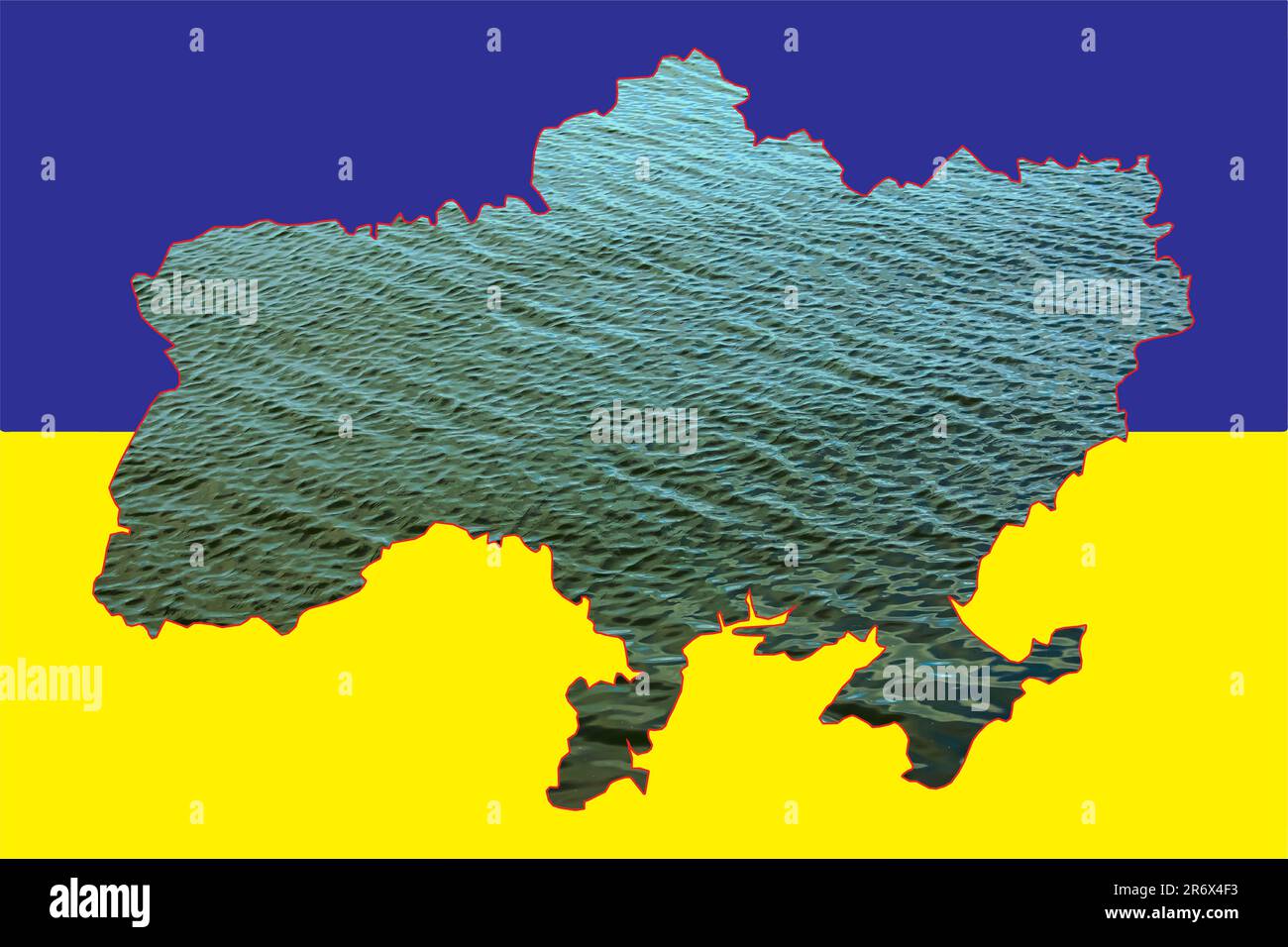 Concept collage. Flag of Ukraine with a contour map filled with water ...