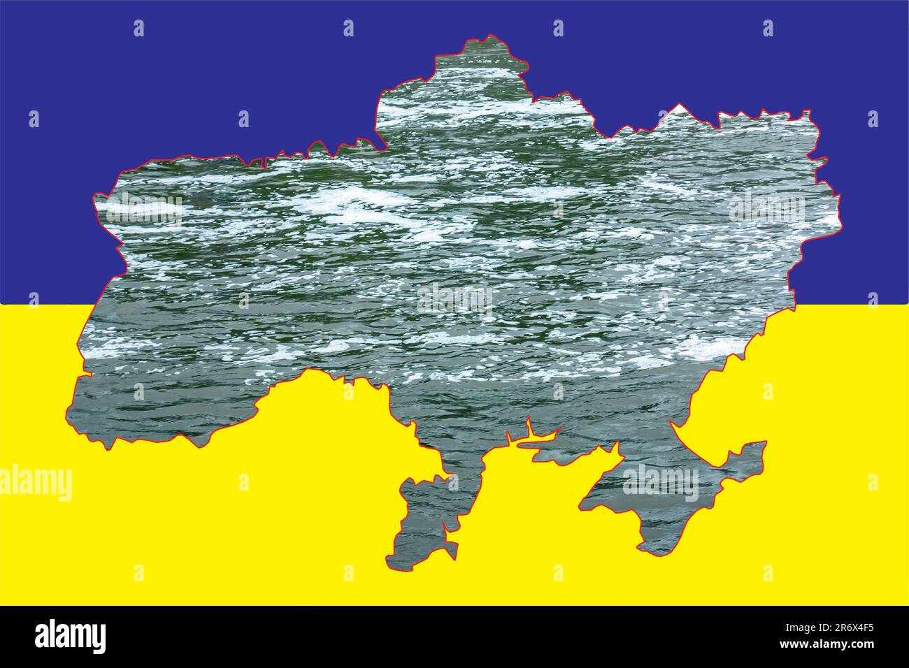 Concept collage. Flag of Ukraine with a contour map filled with water ...
