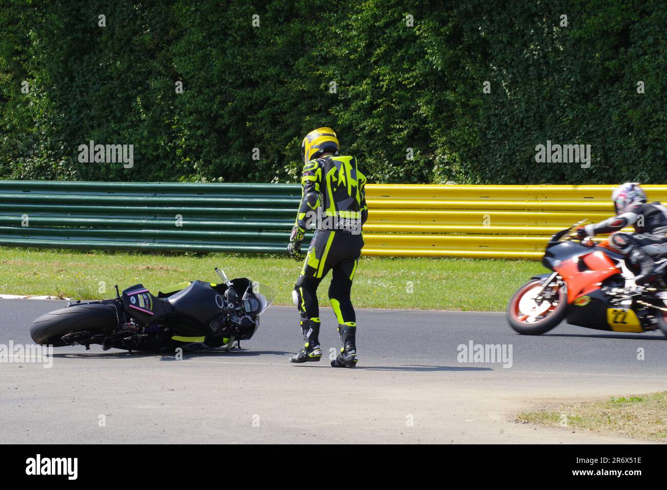 Croft Circuit, 10 June 2023. Matt Hanton riding a Kawasaki 650 falls in ...