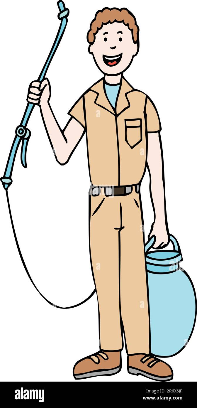 Pest exterminator happily holds his pesticide canister and sprayer ...