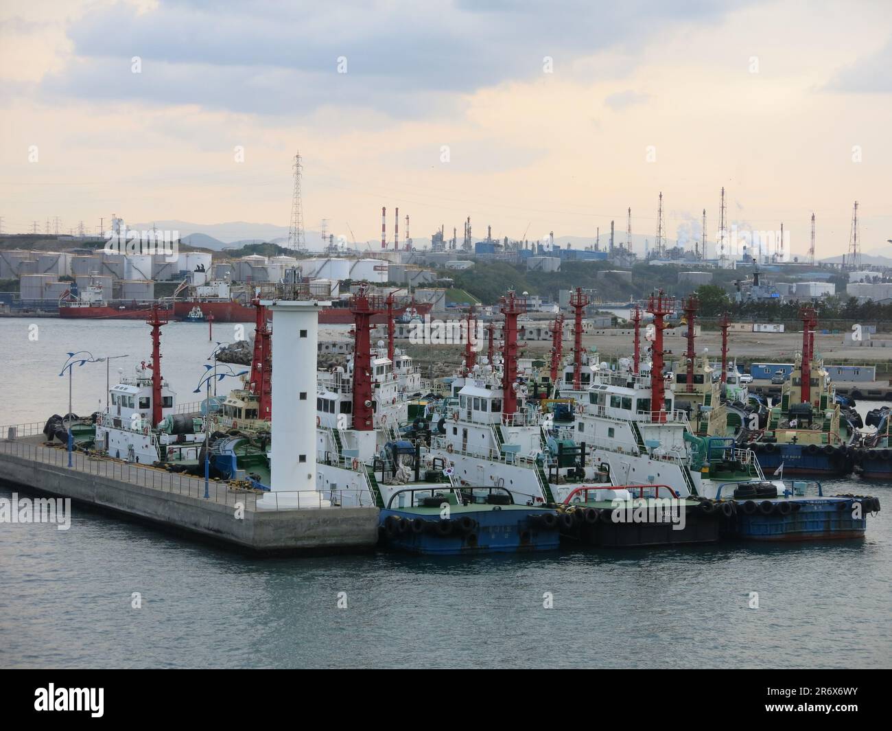 View of the heavily industrialised Port of Ulsan in South Korea with ...
