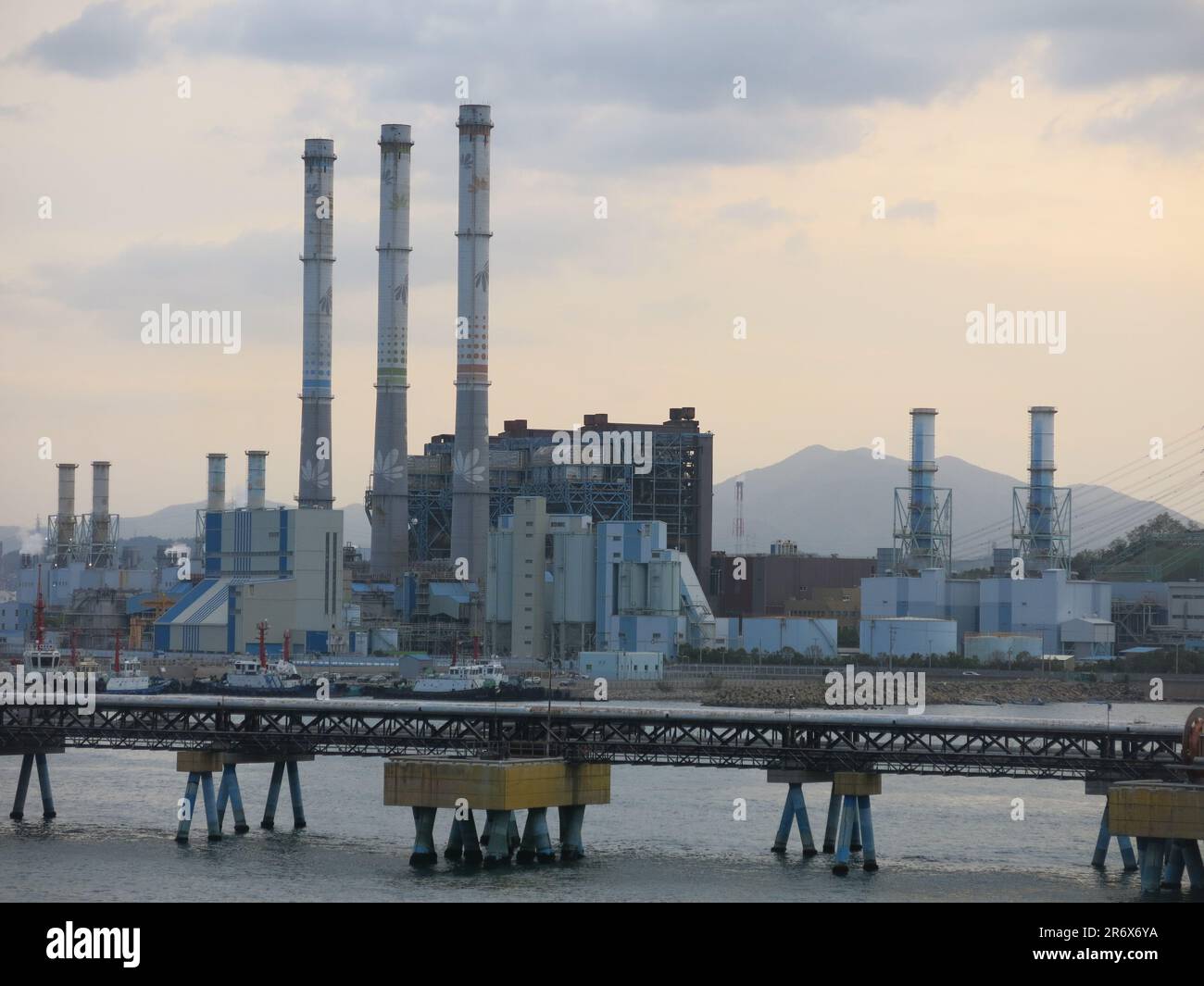 View of the heavily industrialised Port of Ulsan in South Korea with ...